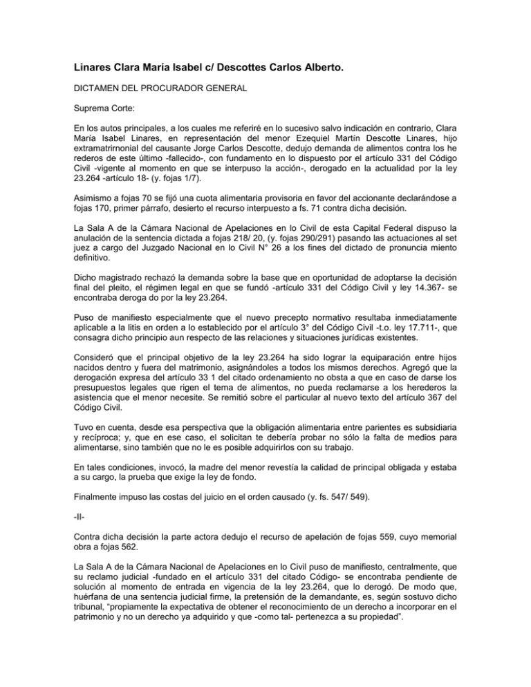 Linares Clara María Isabel c/ Descottes Carlos Alberto