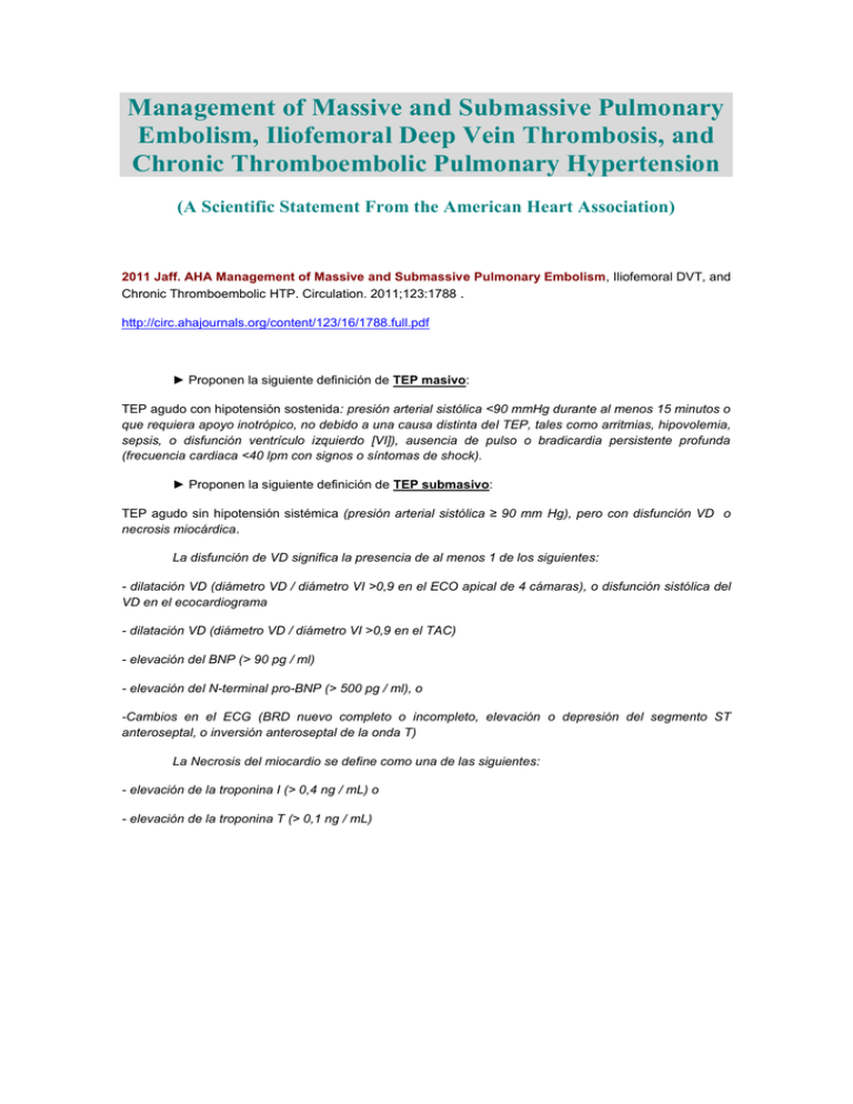 Management Of Massive And Submassive Pulmonary