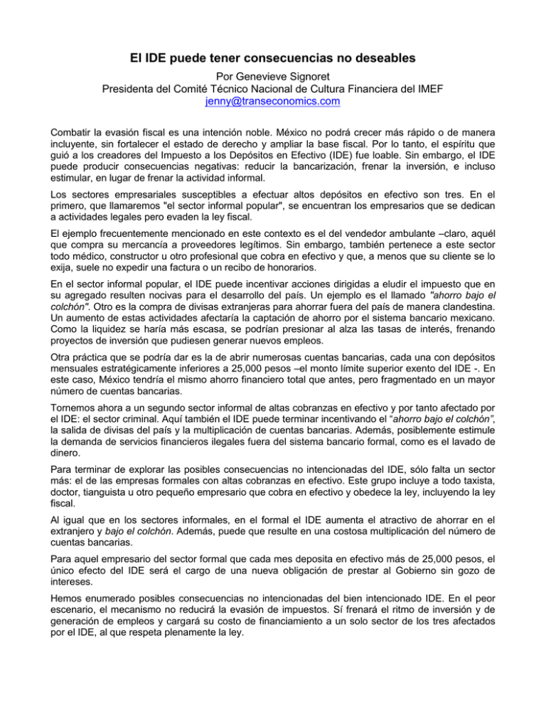 Comentarios Impuesto a los Depósitos en Efectivo (IDE)