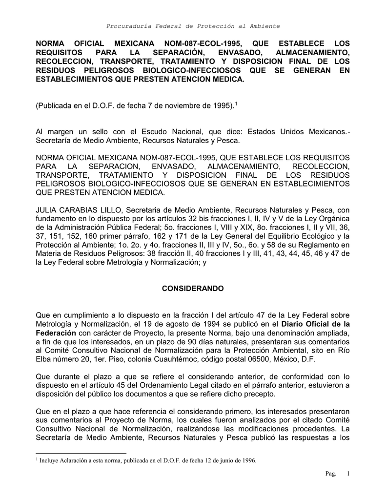 norma oficial mexicana nom-087-ecol-1995, que establece