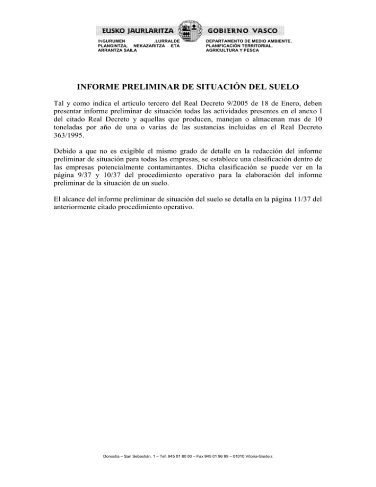 INFORME PRELIMINAR DE SITUACIÓN DEL SUELO