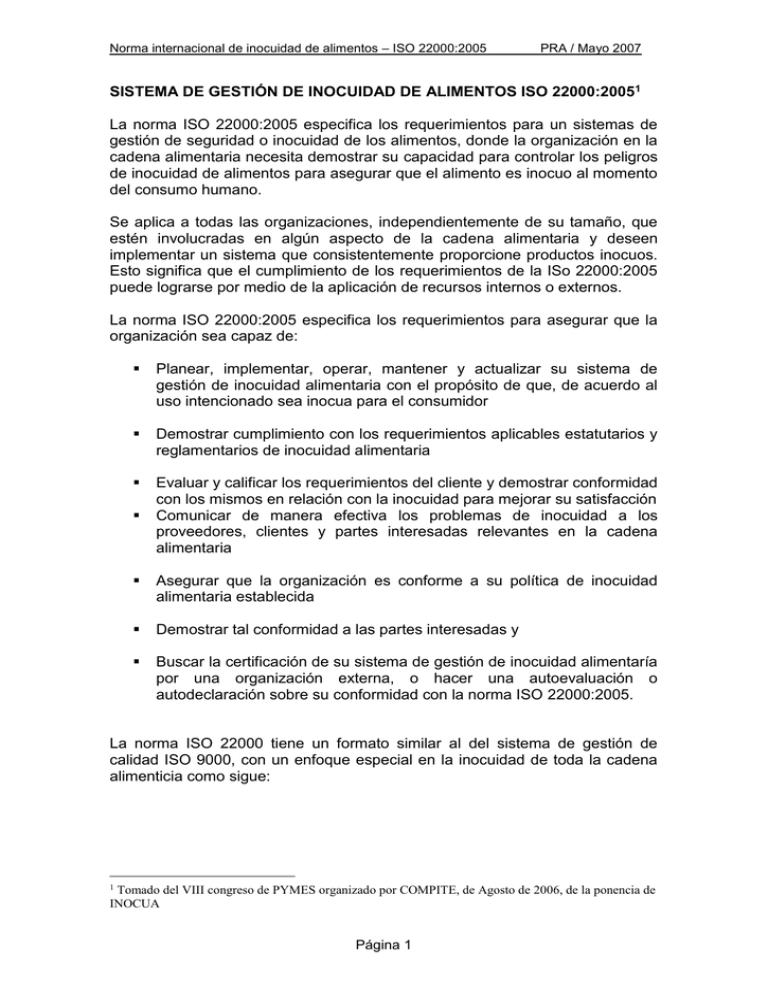 sistema de gestión de inocuidad de alimentos iso 22000:2005