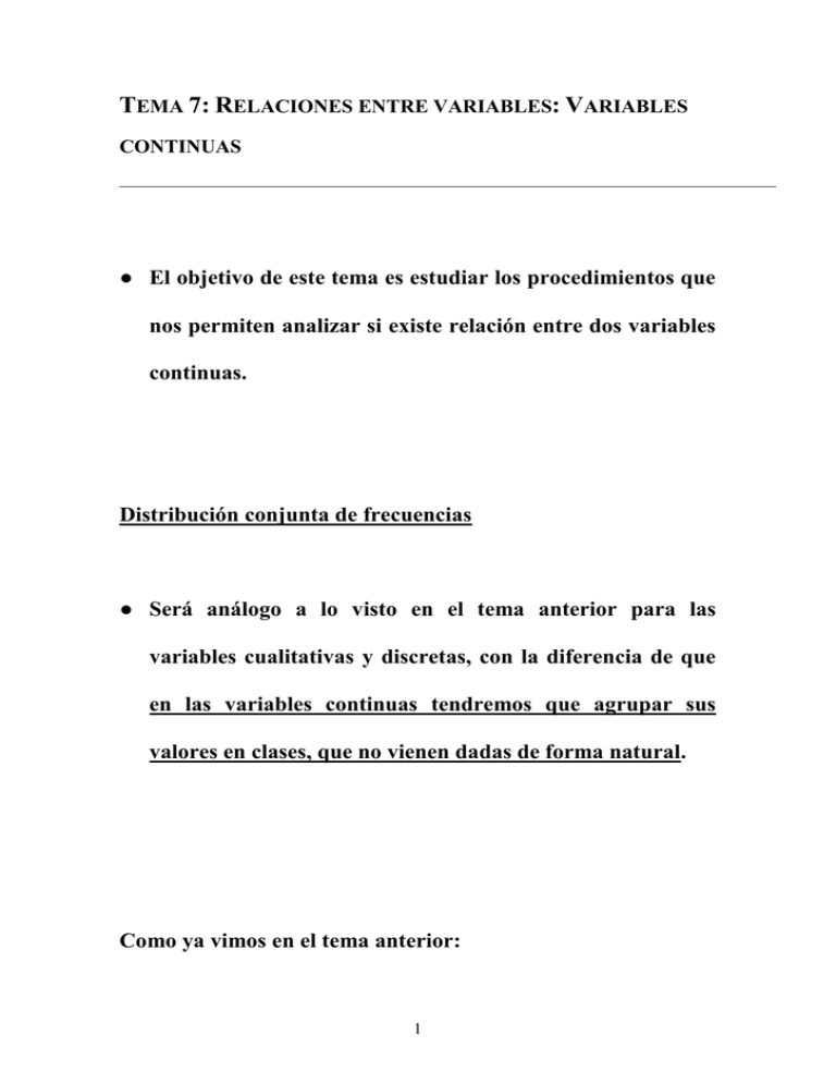 TEMA 7: RELACIONES ENTRE VARIABLES: VARIABLES