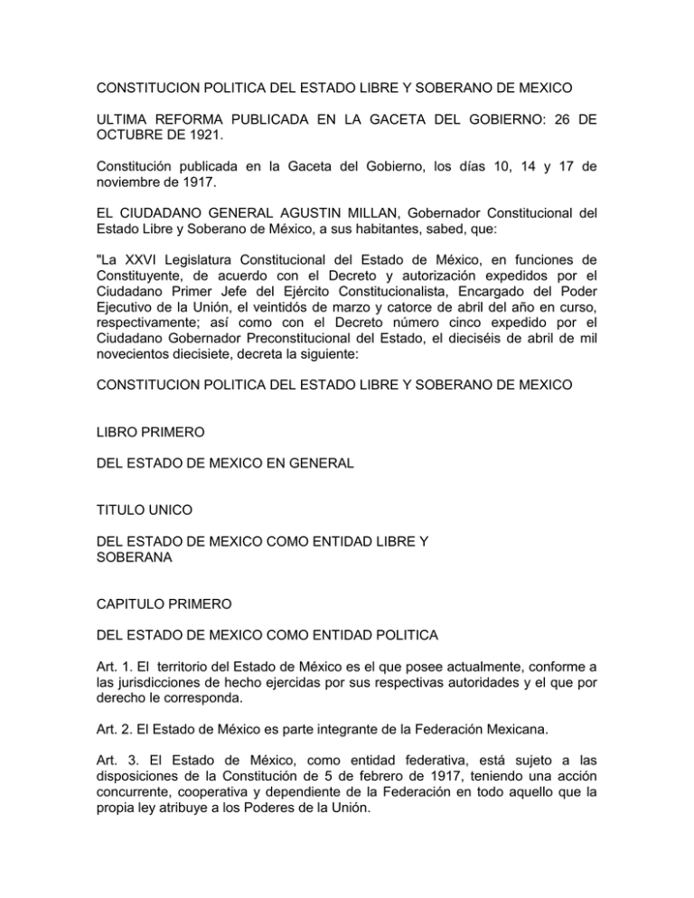 CONSTITUCION POLITICA DEL ESTADO LIBRE Y SOBERANO DE MEXICO
