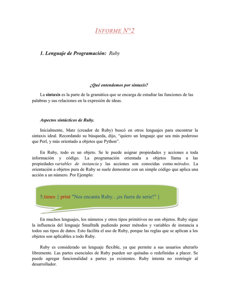 Informe N°2 Lenguaje de Programación: Ruby ¿Qué entendemos