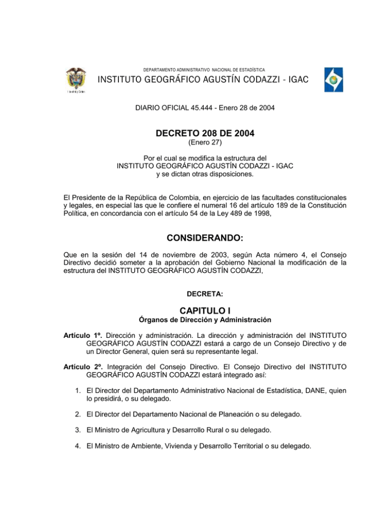 Decreto 208 de 2004 - Instituto Geográfico Agustín Codazzi