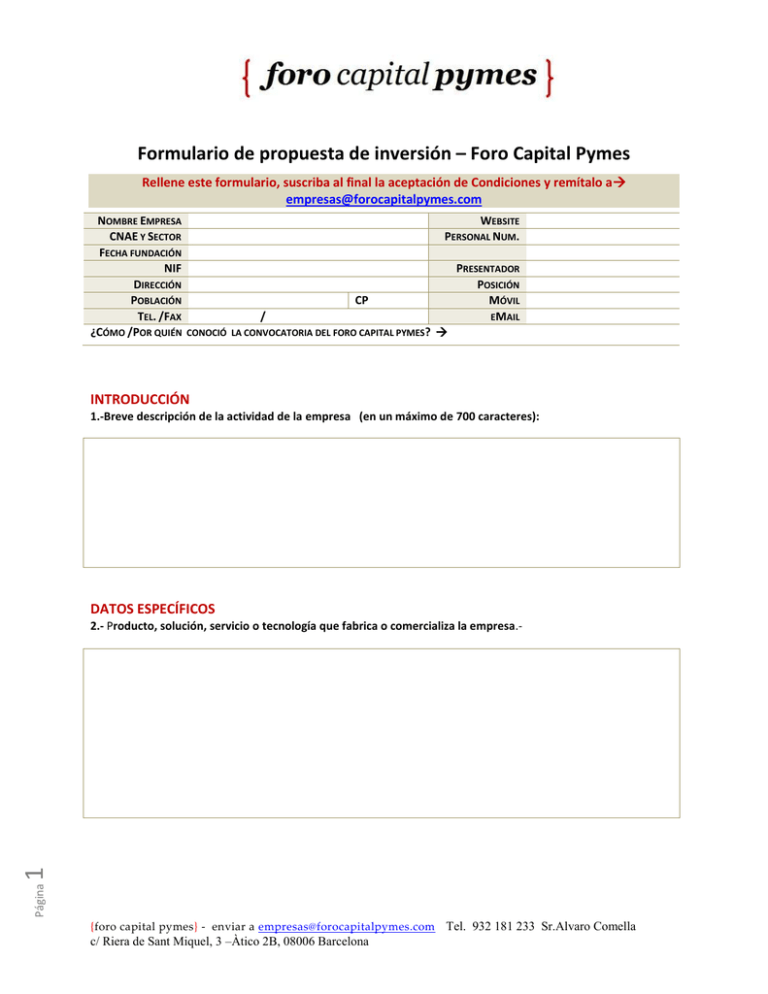 Formulario de propuesta de inversión – Foro Capital Pymes