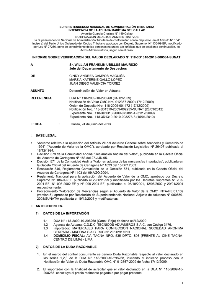 informe sobre verificacion del valor declarado n°