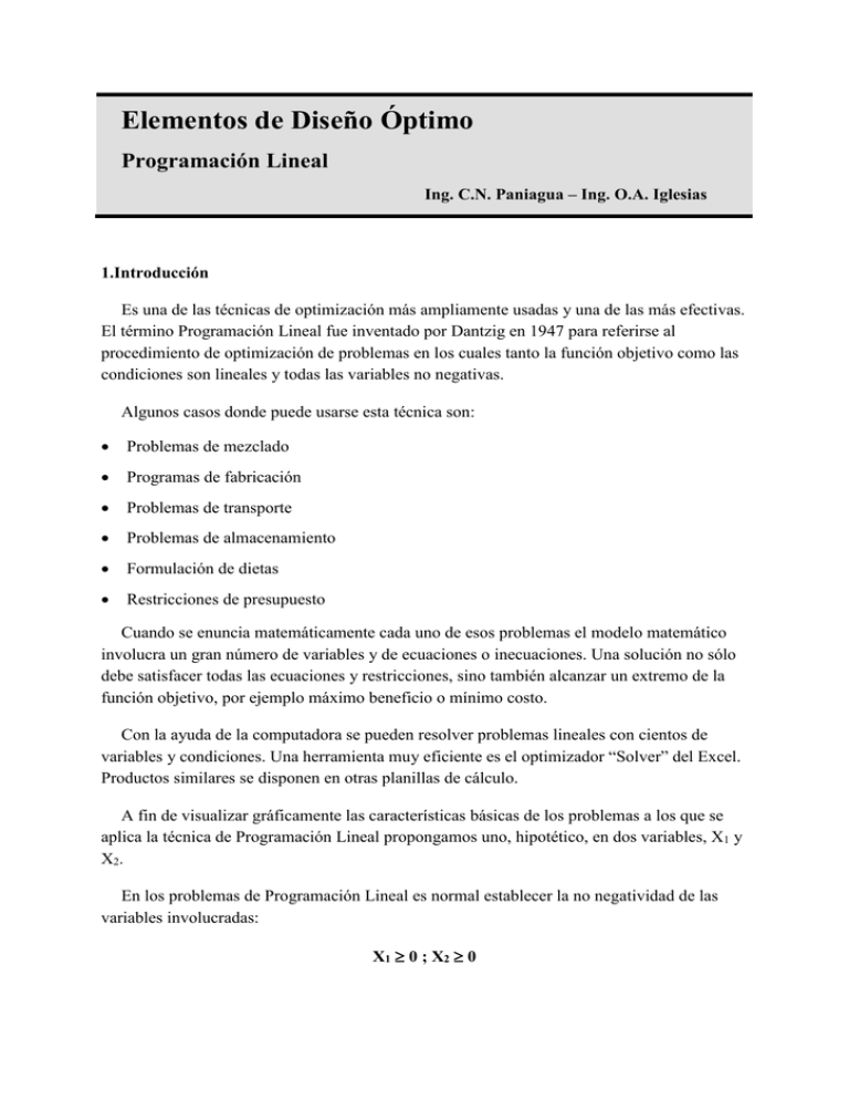 Elementos de Diseño Óptimo Programación Lineal