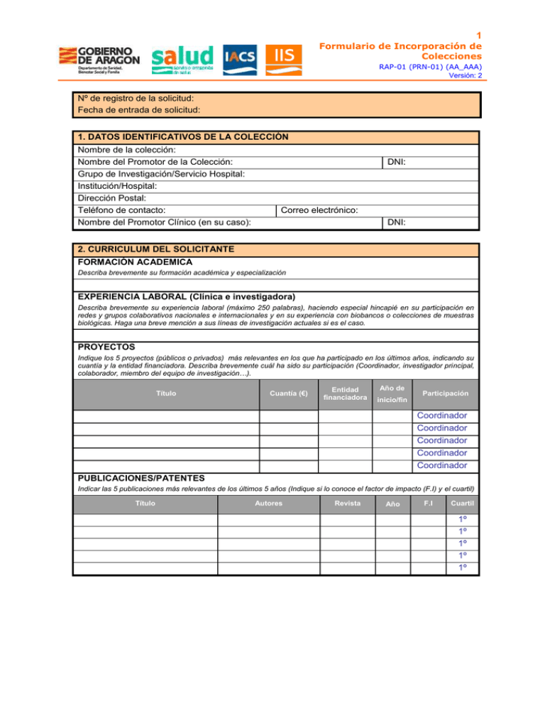 Formulario de Incorporación de Colecciones