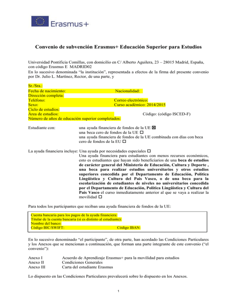 Convenio de Subvención Erasmus+ Educación Superior para
