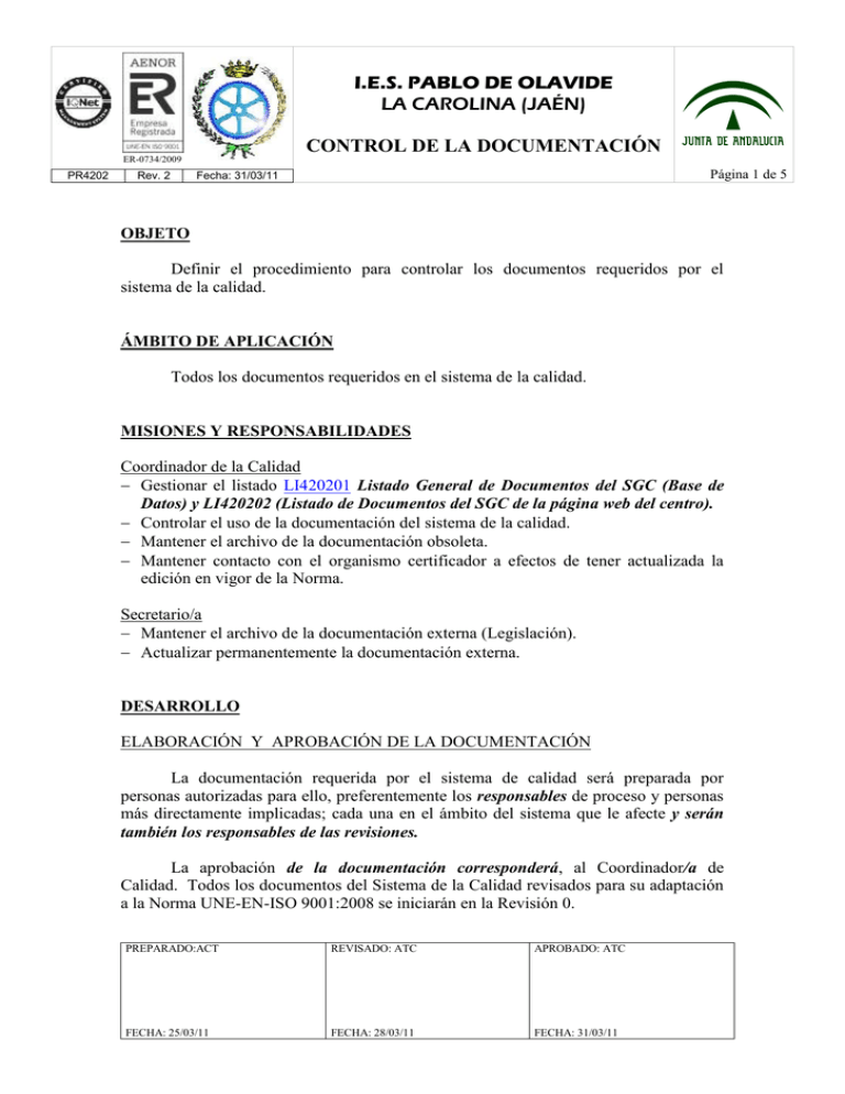 CONTROL DE LA DOCUMENTACIÓN