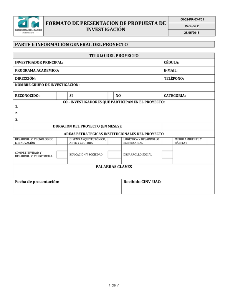 Formato presentación de proyectos