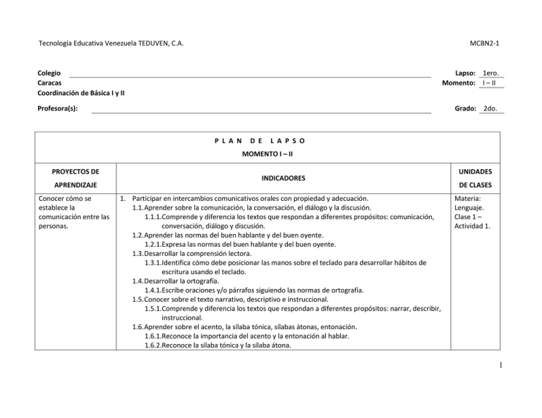 PLAN DE LAPSO - 2do grado