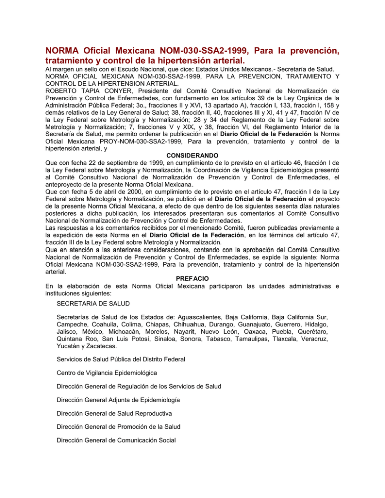 NORMA Oficial Mexicana NOM-030-SSA2-1999, Para la