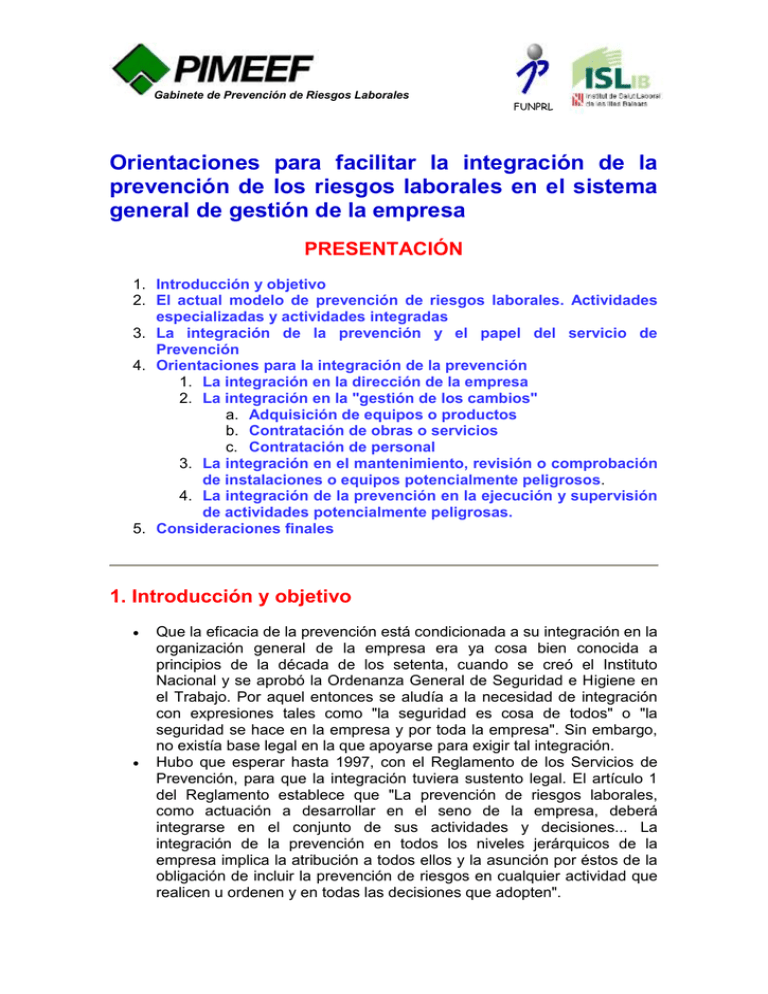 Orientaciones para facilitar la integración de la prevención
