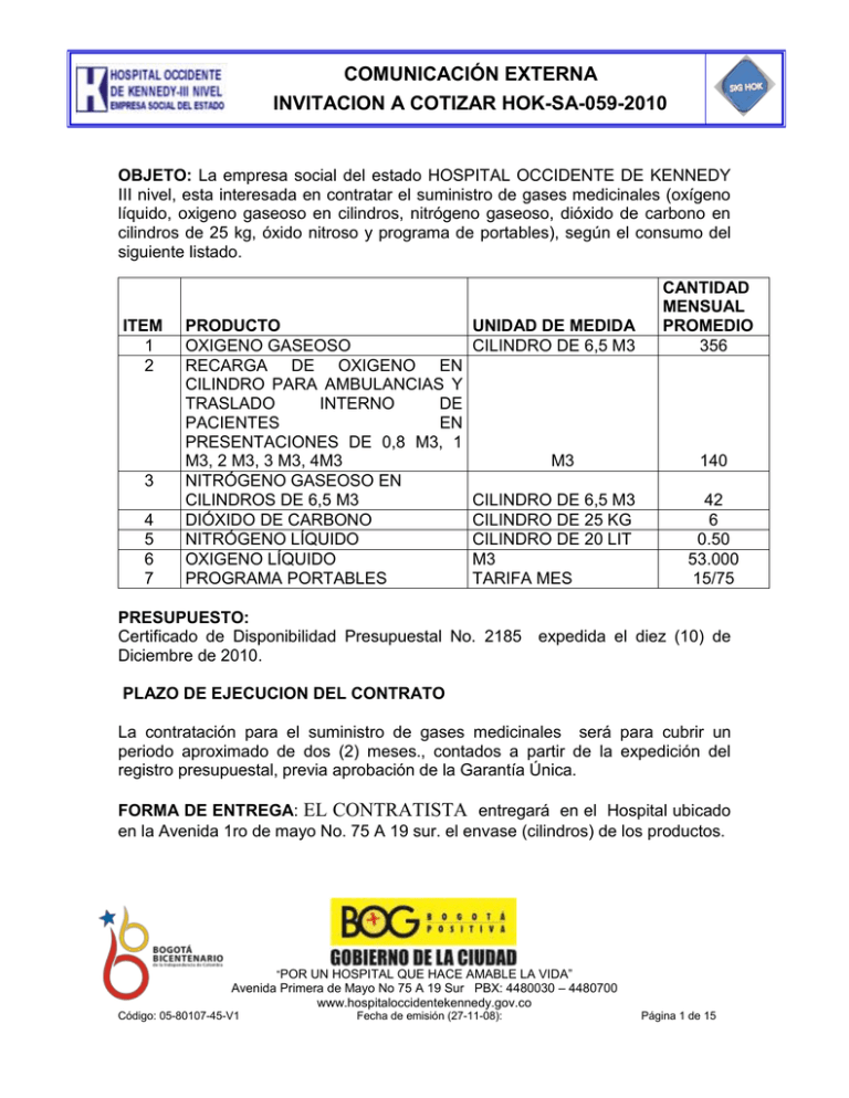 COMUNICACIÓN EXTERNA INVITACION A COTIZAR HOK-SA-059-2010