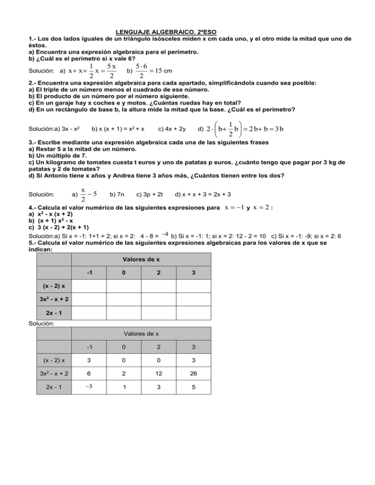ACT 2ESO LENGUAJE ALGEBRAICO ACT 2ESO LENGUAJE ALGEBRAICO