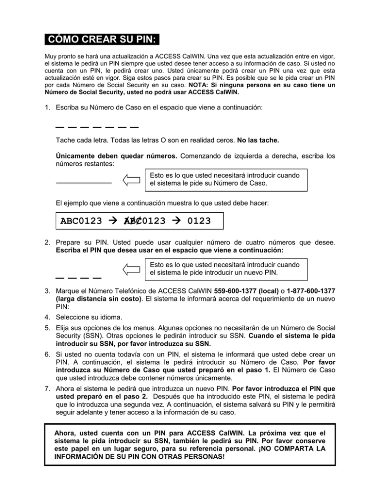 PIN Instructions for Access CalWIN