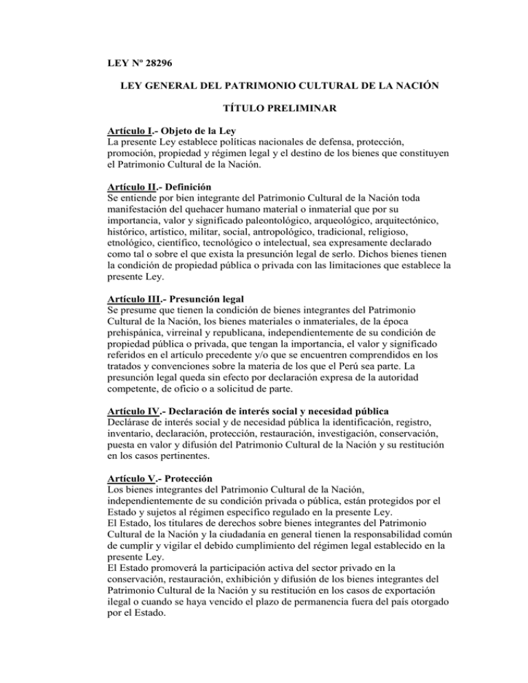 LEY Nº 28296 LEY GEN. DEL PATRIMONIO