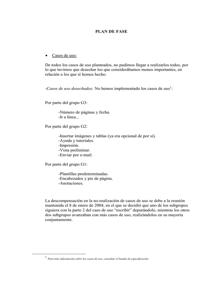 PLAN DE FASE Casos de uso: