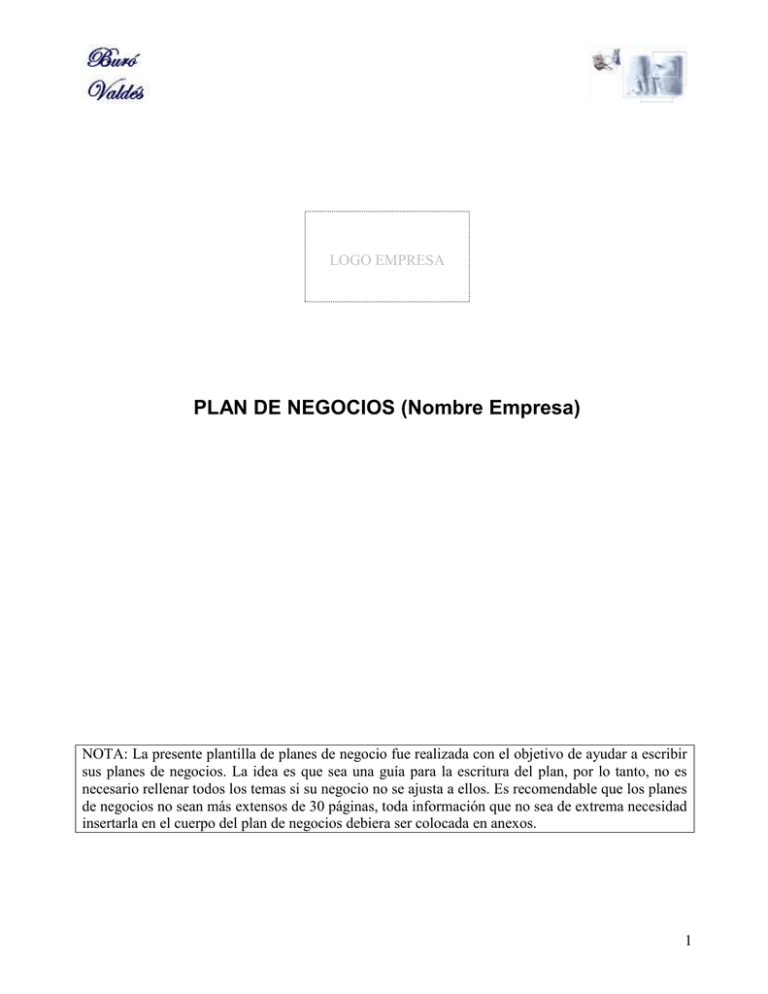 PLAN DE NEGOCIOS (Nombre Empresa)