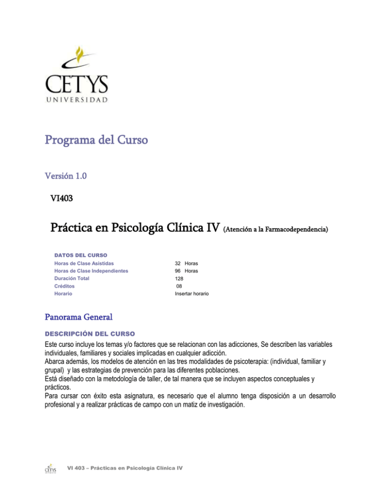 Programa del Curso Práctica en Psicología Clínica IV Versión 1.0
