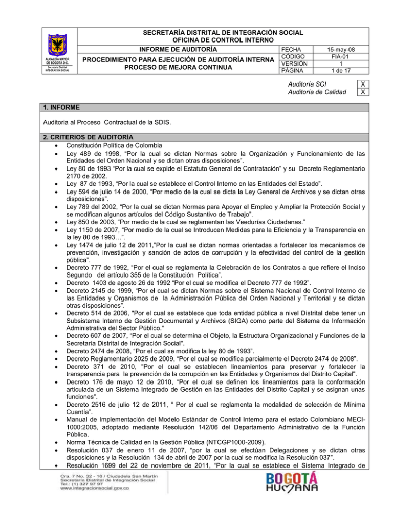 Informe Final Auditoria al Proceso Contractual de la SDIS