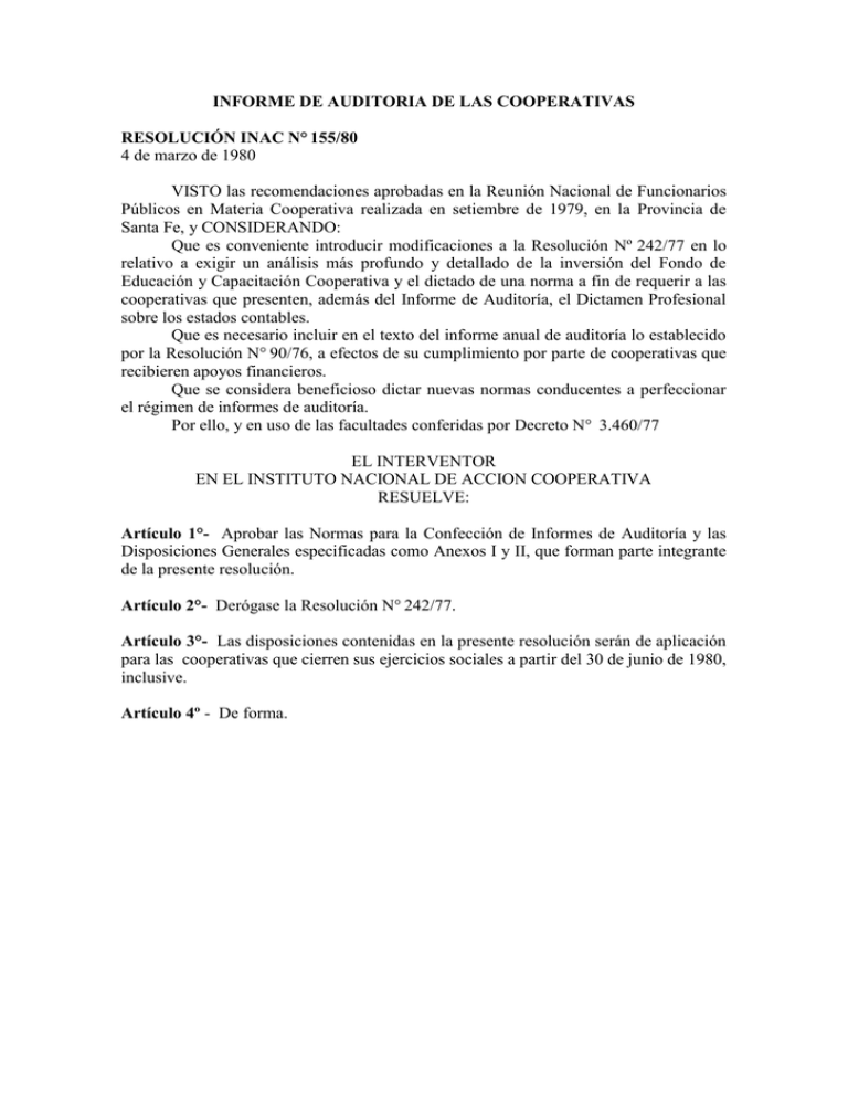 INFORME DE AUDITORIA DE LAS COOPERATIVAS