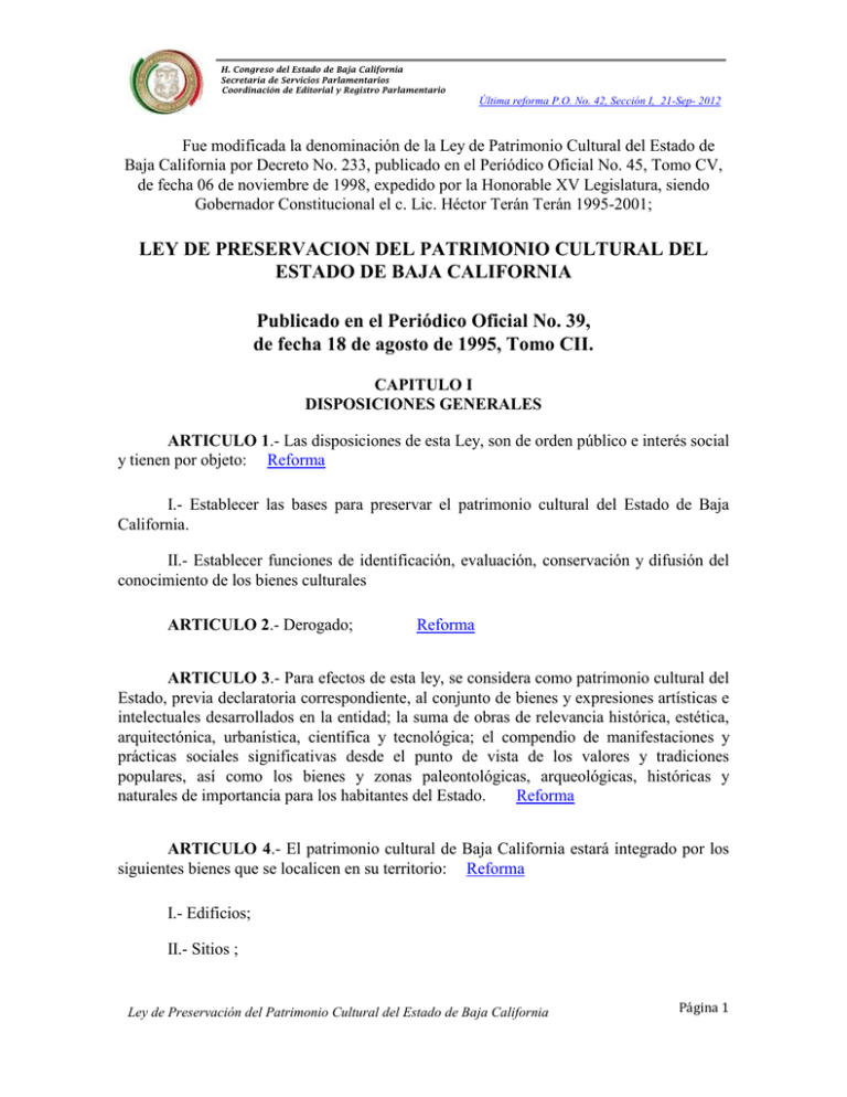ley del patrimonio cultural del - Congreso del Estado de Baja
