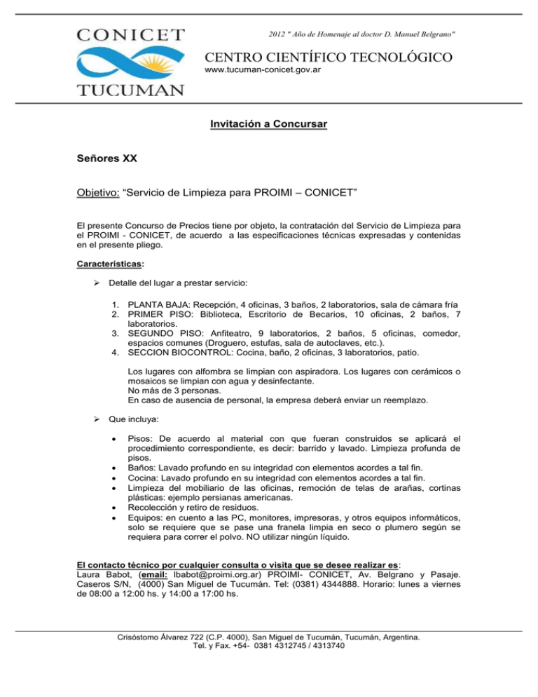 CENTRO CIENTÍFICO TECNOLÓGICO “Servicio de Limpieza para PROIMI ...