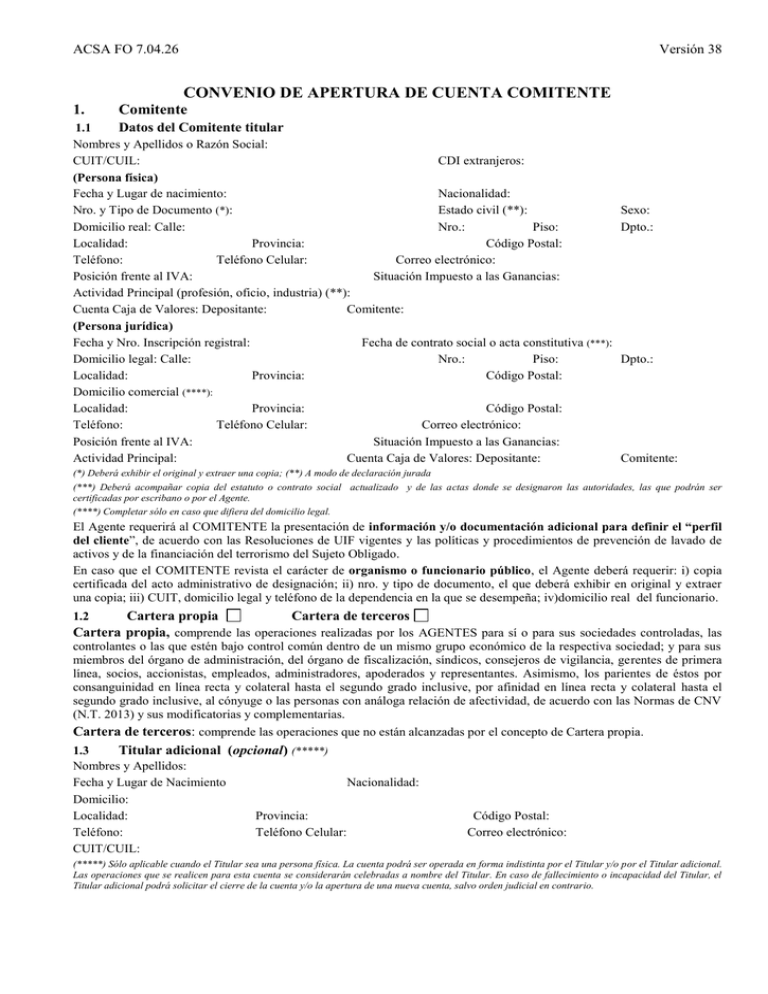 Convenio de Apertura Cuenta Comitente Operador