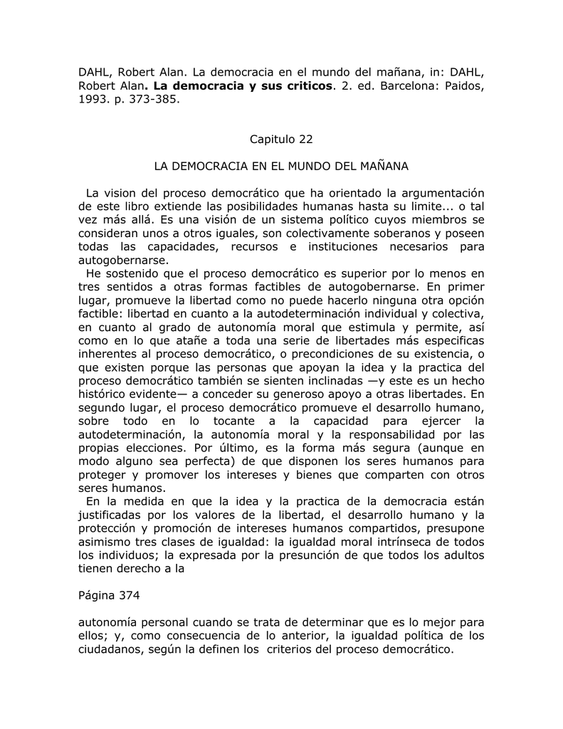 DAHL, Robert Alan. La democracia en el mundo del mañana, in