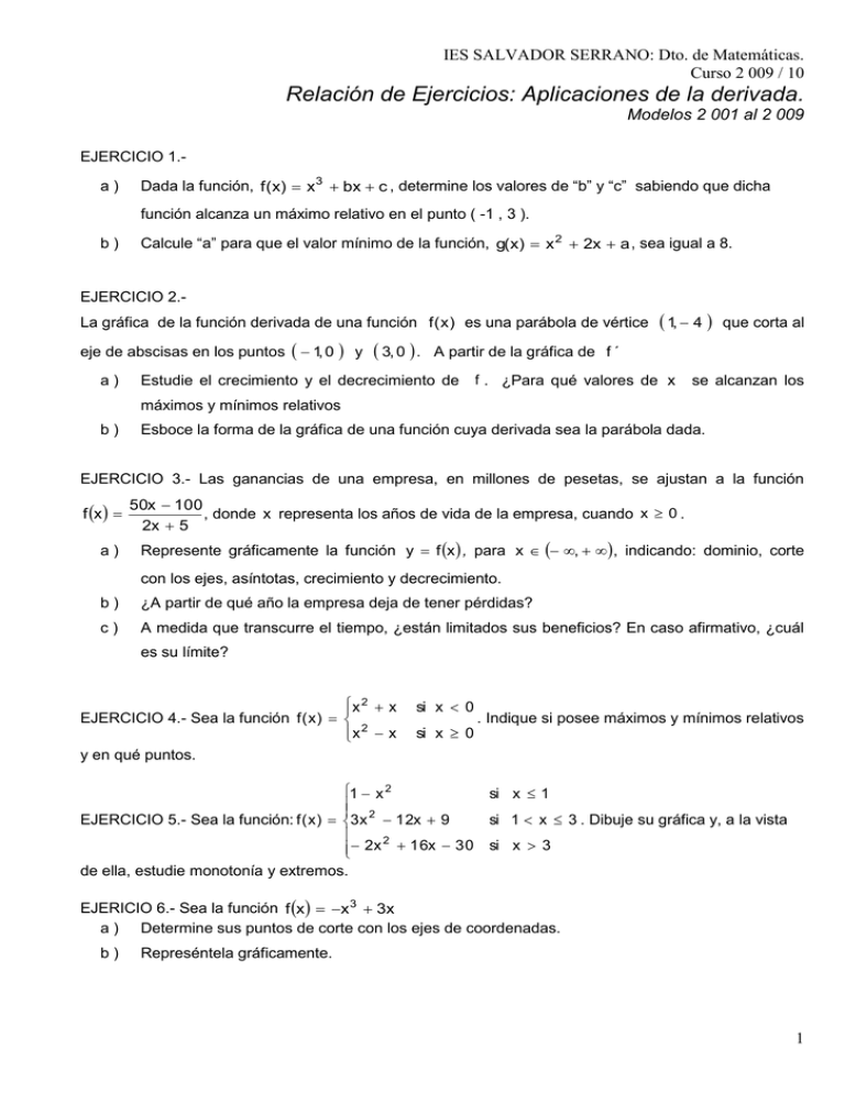 Relación de Ejercicios: Aplicaciones de la derivada.