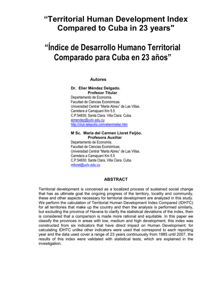 Índice de Desarrollo Humano Territorial en Cuba para el