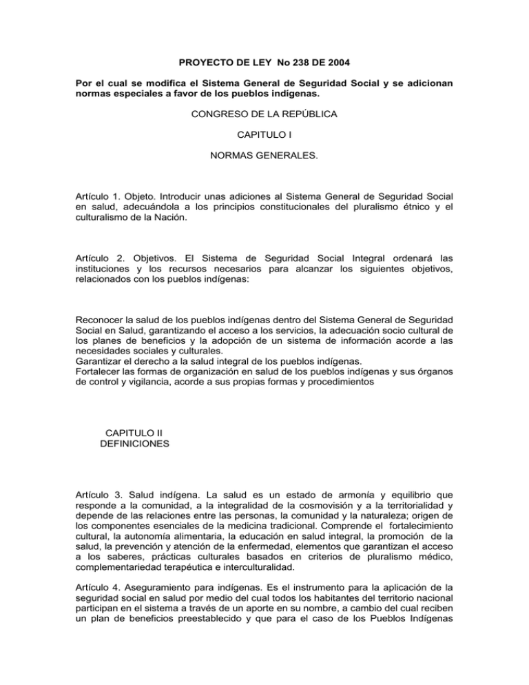 PROYECTO DE LEY No 238 DE 2004