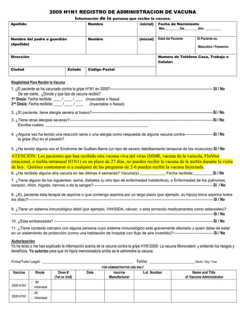 2009 H1N1 Influenza Vaccine Screening and Consent Form