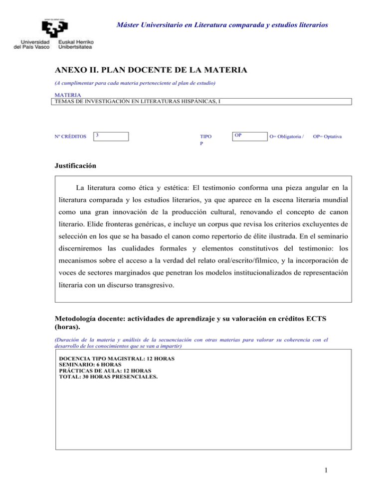 ANEXO II. PLAN DOCENTE DE LA MATERIA