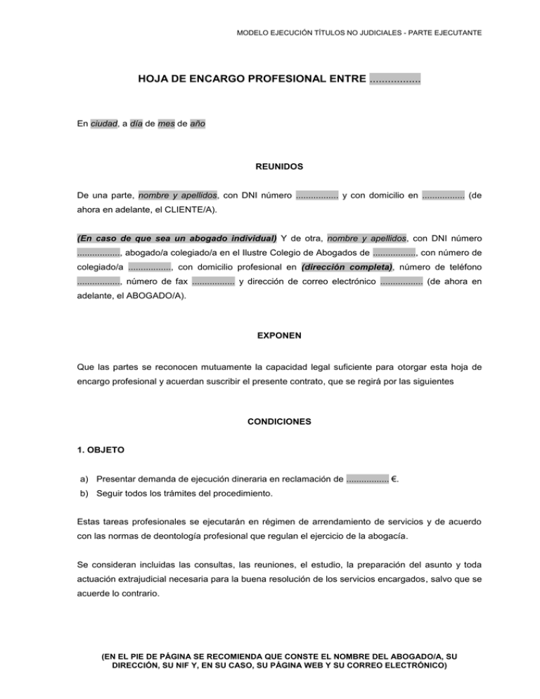 HOJA DE ENCARGO PROFESIONAL ENTRE