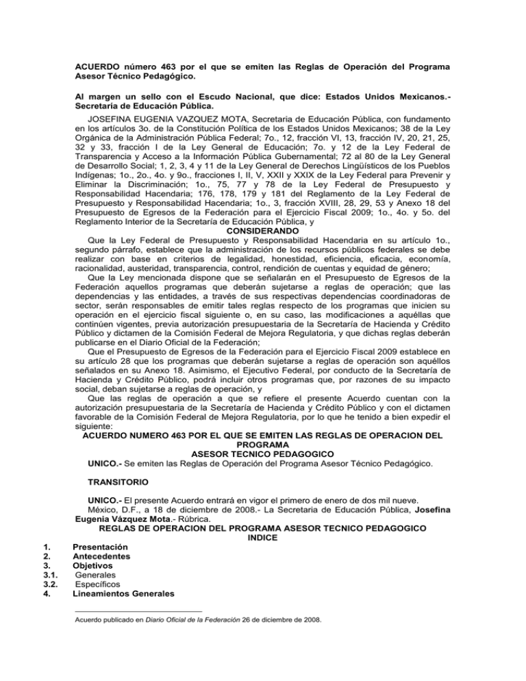 ACUERDO número 463 por el que se emiten las Reglas de