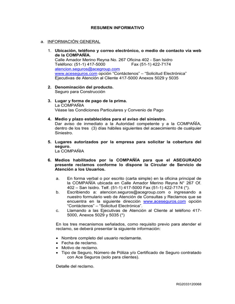 RESUMEN INFORMATIVO INFORMACIÓN GENERAL Ubicación