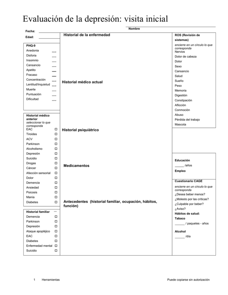 Evaluación de la depresión: visita inicial Historial de la enfermedad