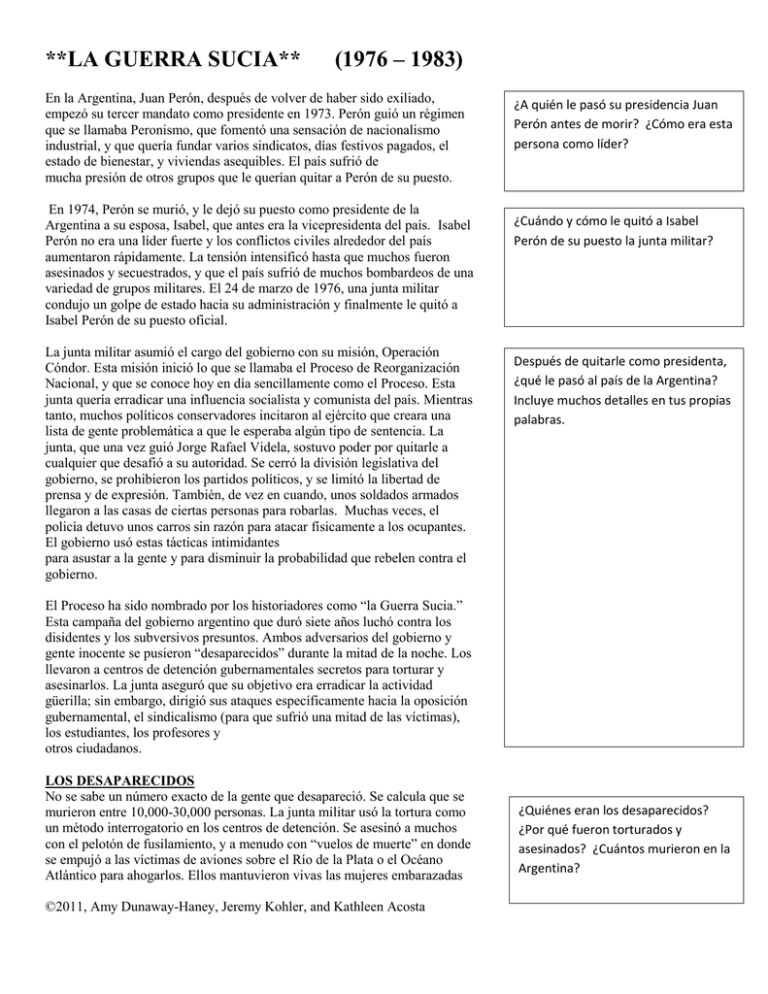 LA GUERRA SUCIA Lectura 2013 14
