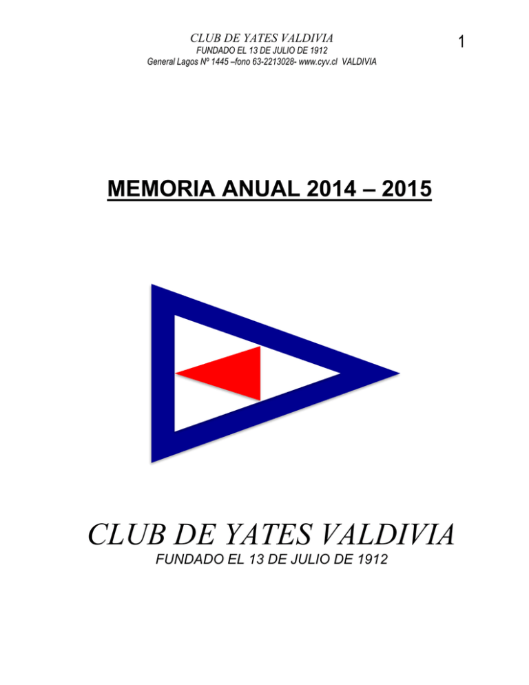 CLUB DE YATES VALDIVIA – 2015 MEMORIA ANUAL 2014
