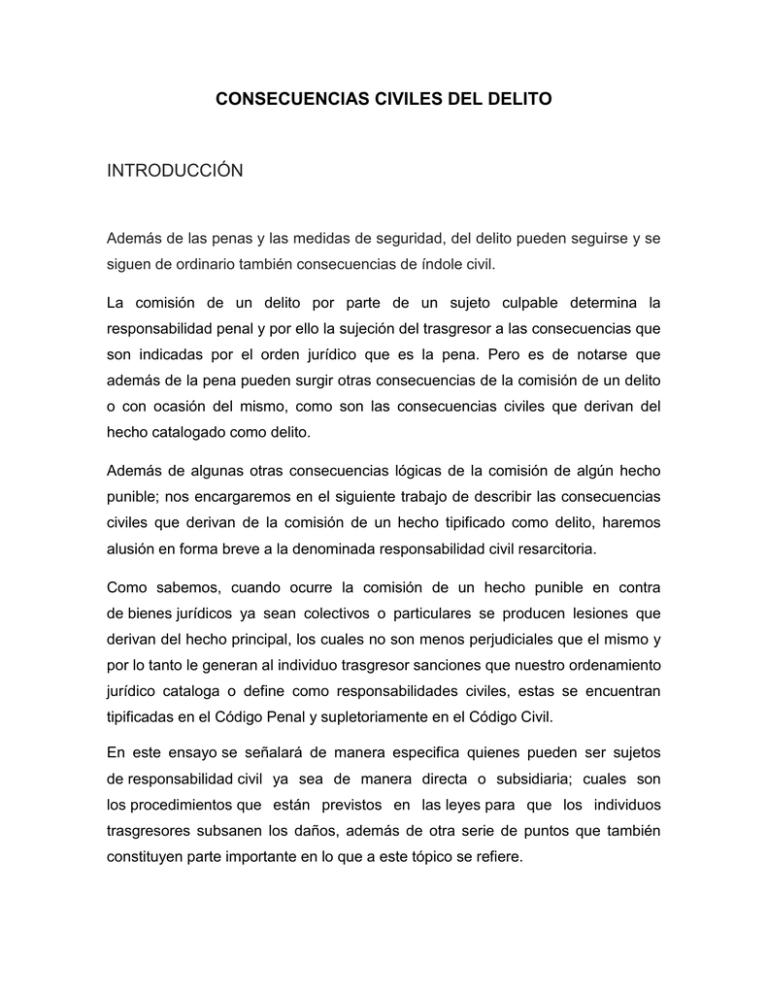 CONSECUENCIAS CIVILES DEL DELITO INTRODUCCIÓN