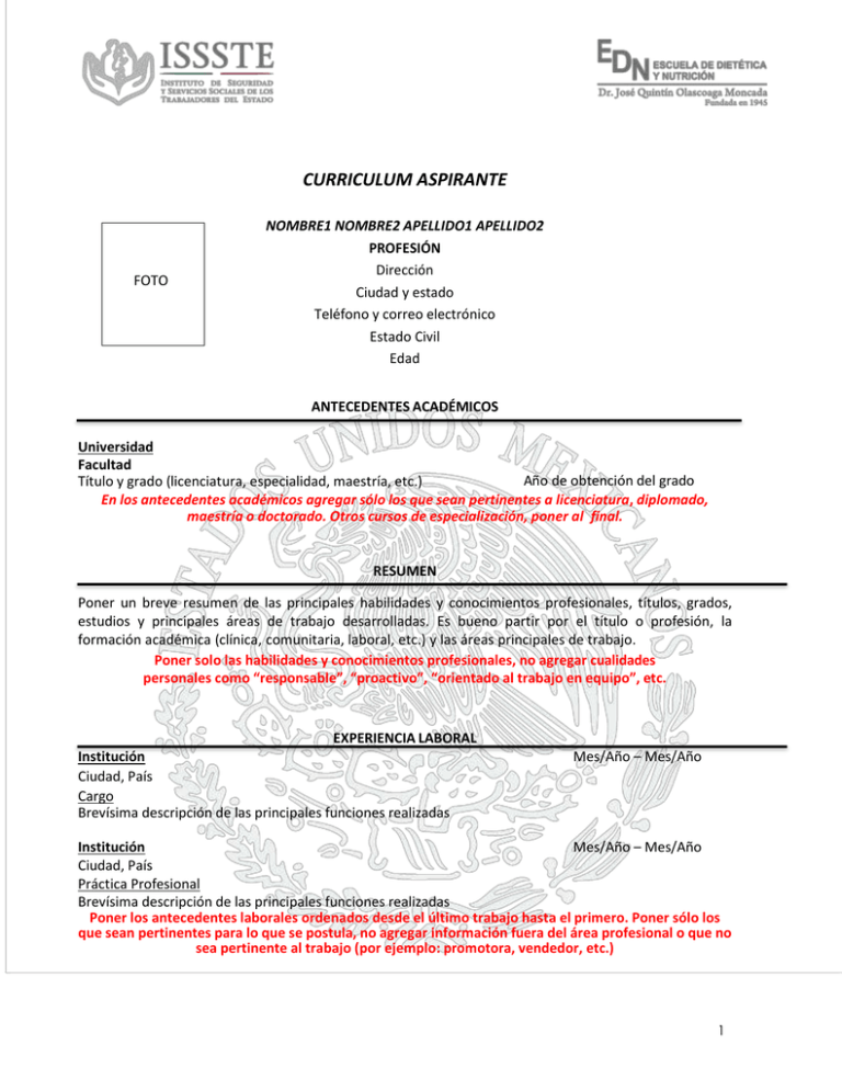 Curriculum Vitae del aspirante