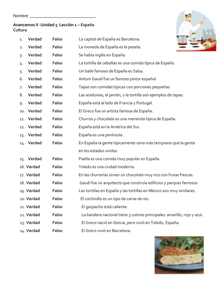 Nombre Avancemos II -Unidad 5 Lección 1 – España Cultura