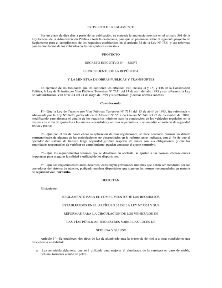 PROYECTO DE REGLAMENTO Ley Transito