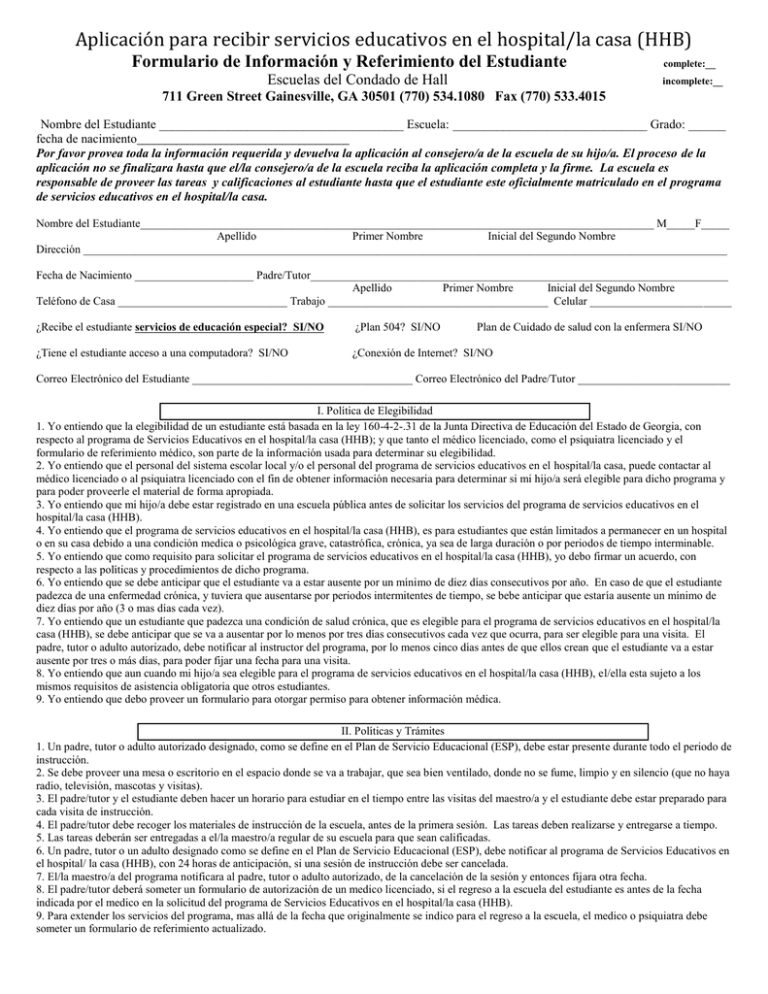 Hospital/Homebound Application