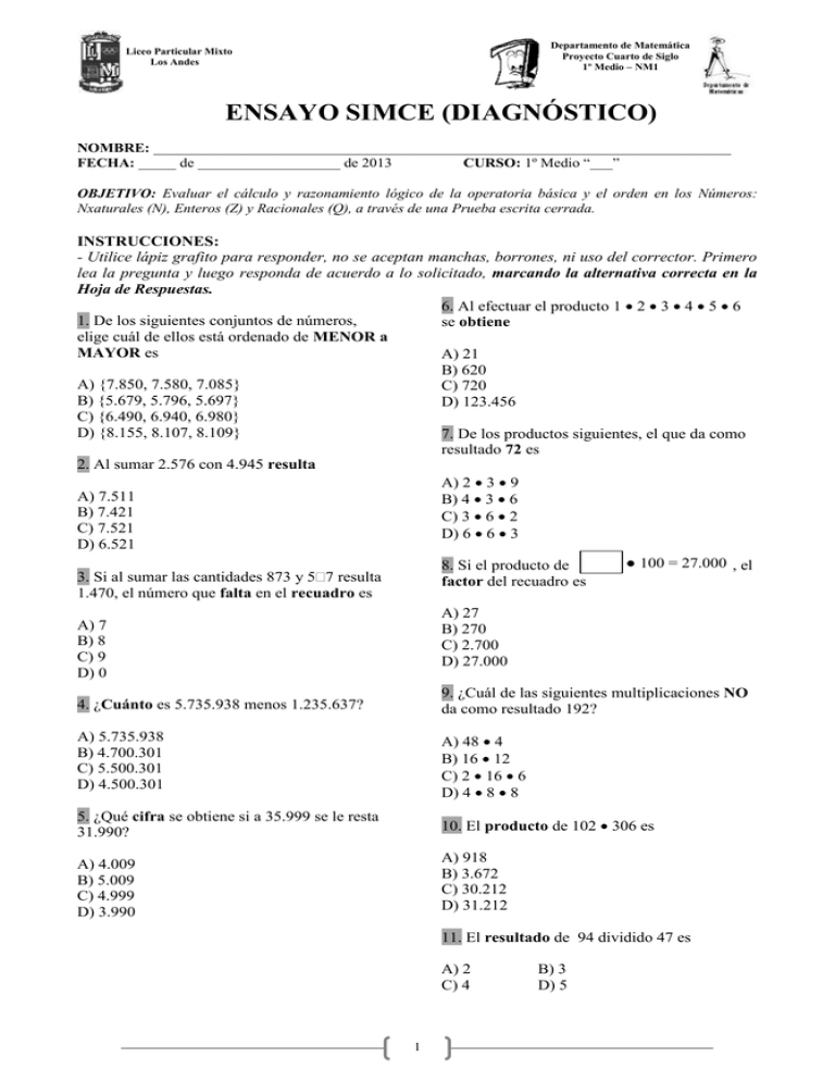 Diagnóstico de Matemáticas